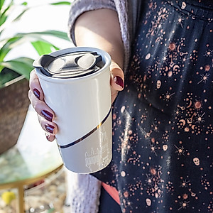 Seven20 Harry Potter Hogwarts Travel Coffee Mug, 14oz - Insulated, Ceramic Cup with Lid - Gold and Gray Hogwarts Design - Gift for Teens and Adults