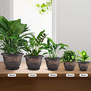 Plastic-Plant-Flower-Planters-14 Inch with Drainage Hole & Saucer, 3 Packs Lightweight Large Resin Flower Pot Indoor Outdoor, Retro Antique Imitation Decorative Garden Containers Sets for Houseplants