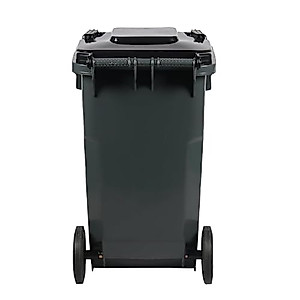27 Gallon Step-On Rollout Trash Can with Lid and Wheels - Large Outdoor Plastic Rolling Garbage Can - Commercial Heavy-Duty Container Barrel, Gray