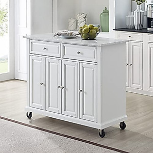 Crosley Furniture Avery Rolling Kitchen Island Storage Cart with Shelves, Microwave Stand, Coffee Bar, Distressed White