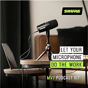 Shure MV7 USB Microphone with Tripod, for Podcasting, Recording, Streaming & Gaming, Built-in Headphone Output, All Metal USB/XLR Dynamic Mic, Voice-Isolating Technology, TeamSpeak Certified - Black