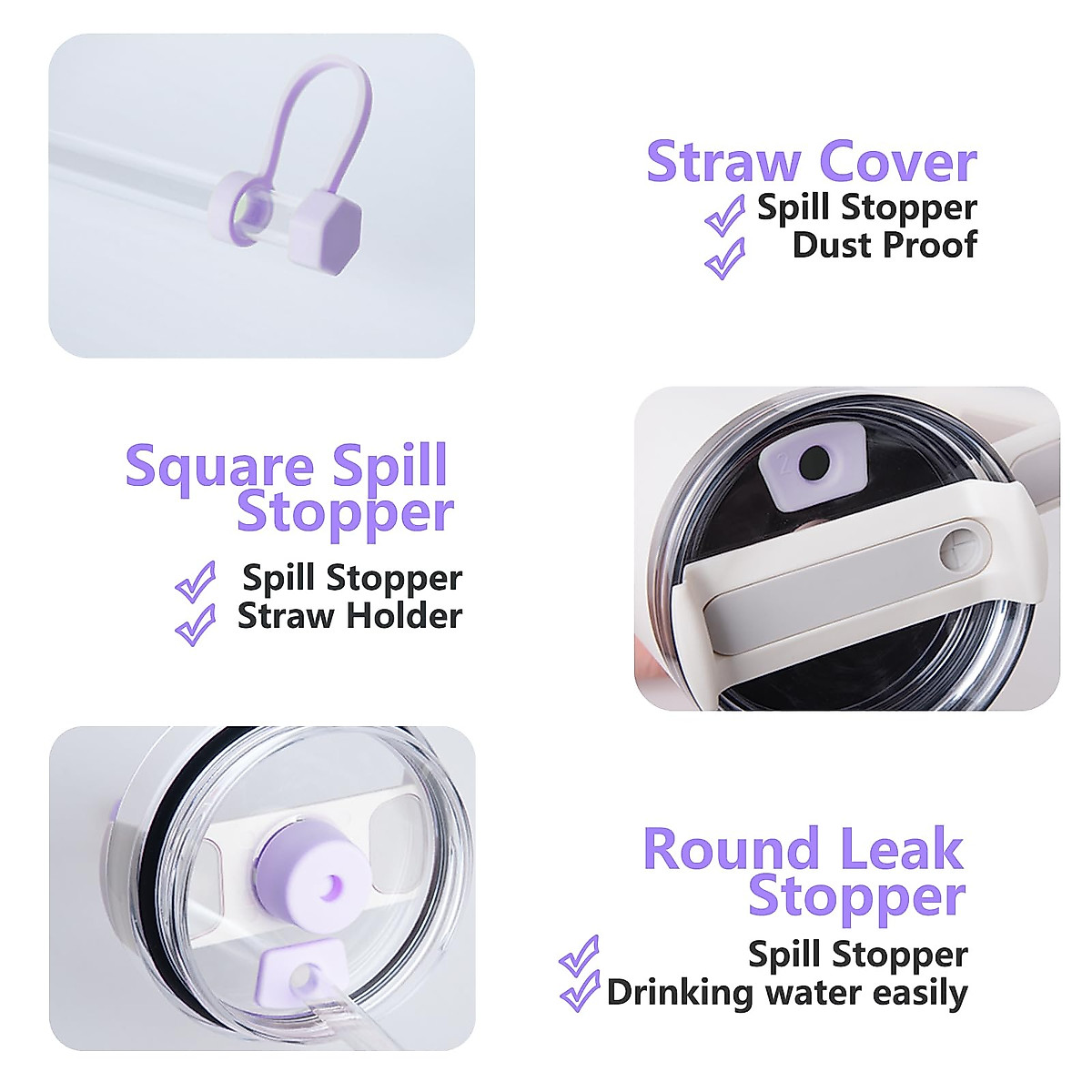 Silicone Spill Stopper Set Compatible with Stanley Cup 2.0 30oz & 40oz with Straw Cover (Set of 4, Orchid)