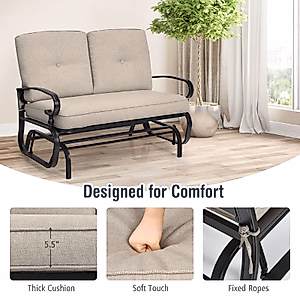 Giantex Outdoor Glider Bench, Patio Loveseat with Cushions, 440 Lbs Capacity, 2-Person Outdoor Rocking Chair, Porch Glider Swing for Garden, Backyard, Poolside, Patio Seating Rocker (Beige)