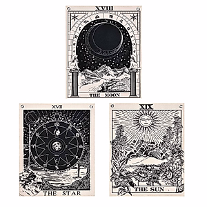 Likiyol Pack of 3 Tarot Tapestry The Sun The Moon The Star Tarot Card Tapestry with Rustproof Grommets, Seamless Nails (Black white, 11.8 x 15.7 inches)