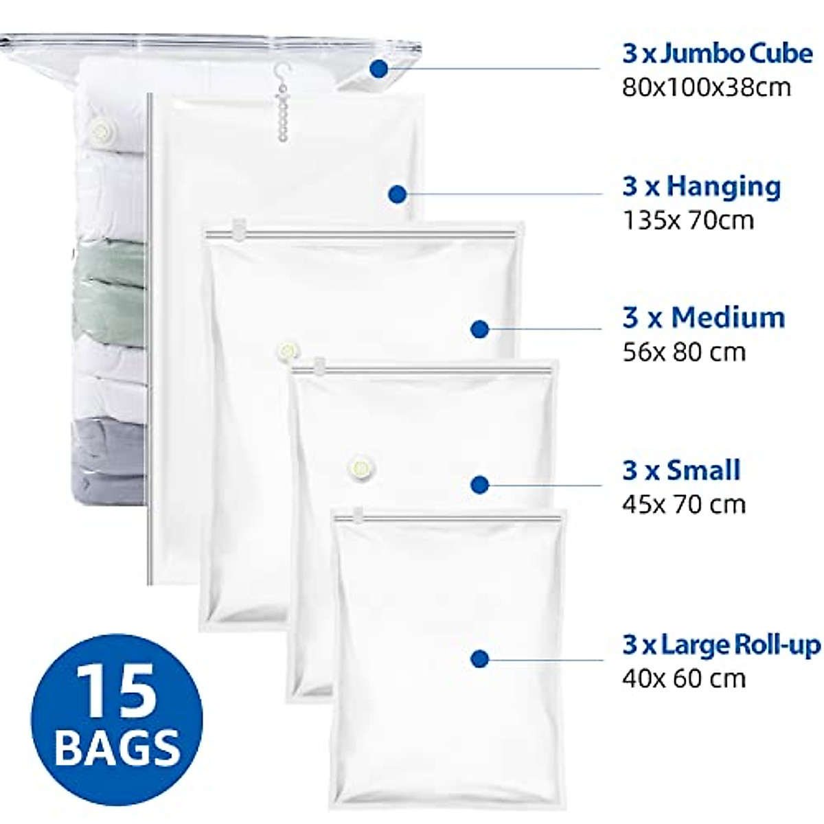 CLEVHOM Vacuum Storage Bags Combo 15 Pack, Vacuum Sealer Bags for Clothes and Beddings, 3 Hanging /3 Cube /3 Medium / 3 Small /3 Roll, Closet Organizers and Storage