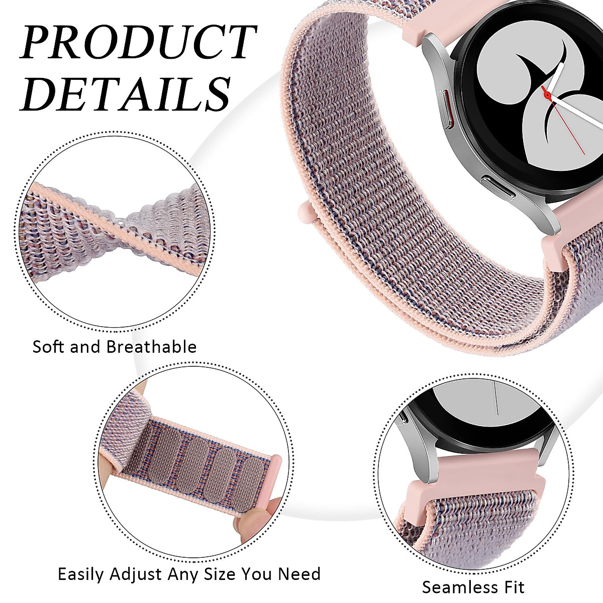 Vanjua Nylon Bands for Samsung Galaxy Watch 6 - 40mm, 44mm, 43mm, 47mm - Soft Nylon Sport Replacement Strap - Women & Men (Pink Sand)
