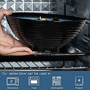 HOKELER Ceramic Japanese Ramen Bowl Set, 2 Sets 8 inch 40 Ounce Asian Pho Udon Noodle Bowls with Spoons and Chopsticks (Black/Blue)