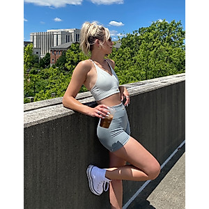 FRESOUGHT Workout Sets for Women 2 Piece Ribbed Yoga Outfits Crop Tops Seamless Gym High Waisted Biker Shorts Set Grey M