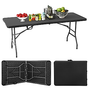 PayLessHere Folding Tables Plastic 6ft Folding Table Half Portable Foldable Table for for Parties Wedding BBQ Camping, Black 6FT