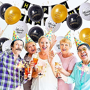 SUNBEAUTY 18 Pcs Happy Retirement Balloons With Pattern 12 Inch Black Gold and White Retirement Latex Balloons for Retirement Theme Party Decorations