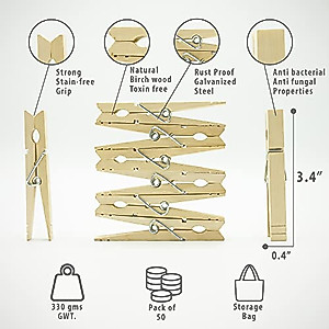 Wooden Clothespins for Crafts with Reusable Storage Bag – 50 Pack Natural Clothes Pins Heavy Duty Outdoor and Indoor Use, Moisture Resistant Laundry Clips with Strong Grip
