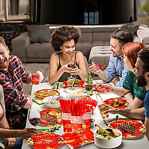 168 Pcs Red and Gold Party Supplies Tableware Set Happy Birthday Plates, Knife,Forks,Spoons, Cups and Napkins Table Decorations for Women Girls Birthday Party Decorations, 24 Guests