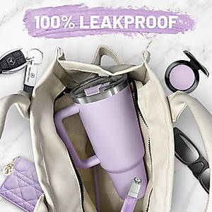 Crave Cups 40oz Tumbler with Lid and Straw l Reusable Spill Proof Double Wall Insulated Stainless Steel Water Bottle Travel Mug l Cupholder Friendly Vacuum Sealed Tumbler with Handle (Lavender)