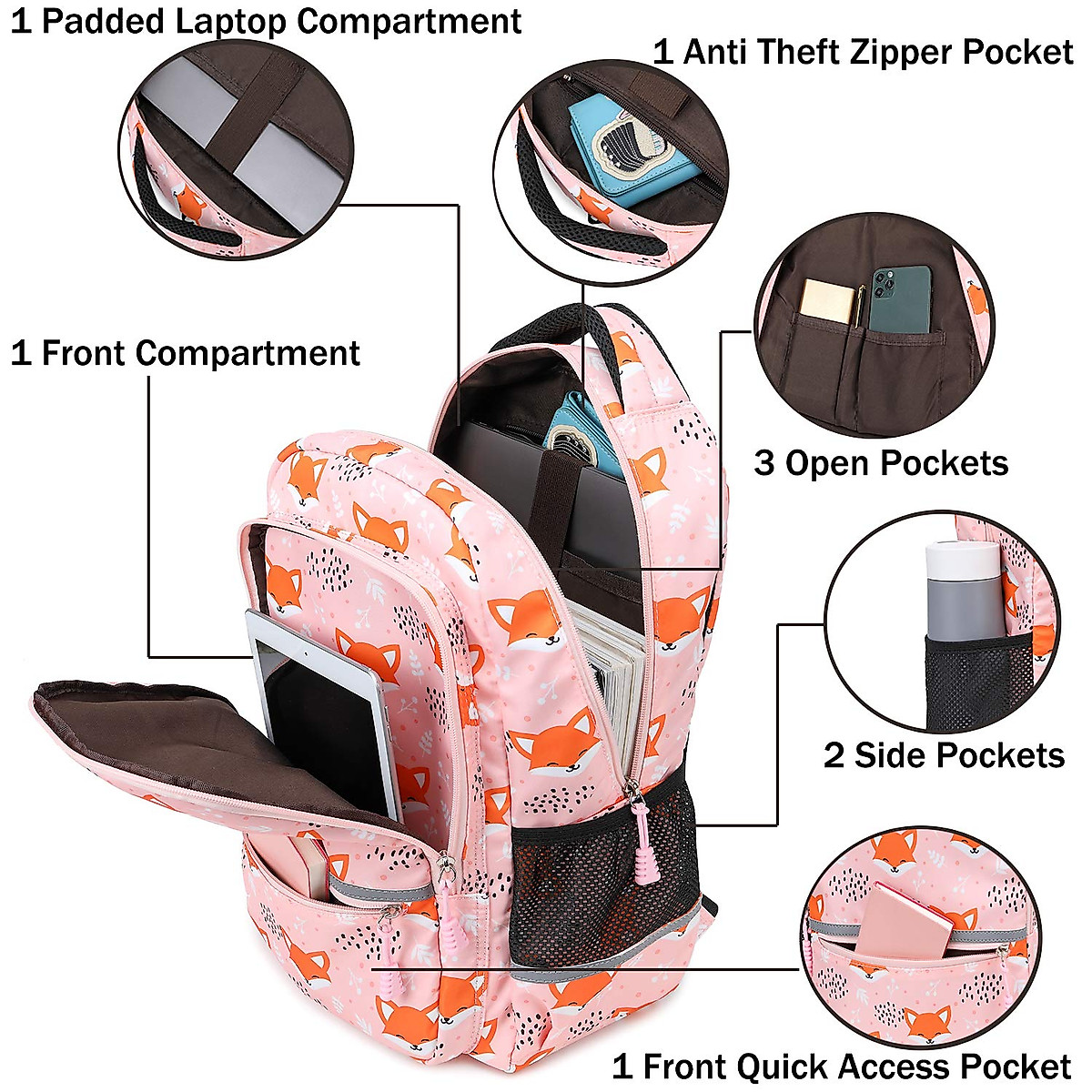 Soekidy Backpacks for Girls Fox School Bags Kids School Bags Backpack with Lunch Box and Pencil Case for Age 3+