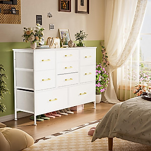 YILQQPER Dresser for Bedroom with 9 Drawers, Dresser TV Stand for 50" TV, Wide Bedroom Dresser Storage Organizers, Fabric Chest of Drawers, Dresser for Living Room, Closet, White