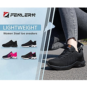 FENLERN Steel Toe Shoes for Women Lightweight Safety Shoes Comfortable Work Shoes Ladies Steel Toe Sneakers Non Slip Work Shoe Arch Support Breathable Cushioning (5,Black)