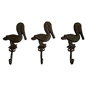 Wowser Rustic Brown Cast Iron Pelican Wall Hooks, Set of 3, 7 1/2 Inch