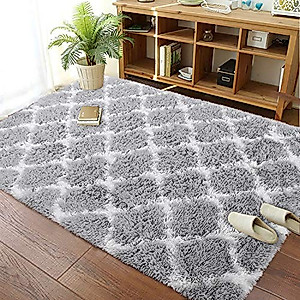 Merelax Fluffy Rug Modern Indoor Plush Bedroom Rug, Luxury Fuzzy Living Room Area Rug, Soft Geometric Moroccan Carpets for Boys Girls Kids Nursery Room 5x8, Grey