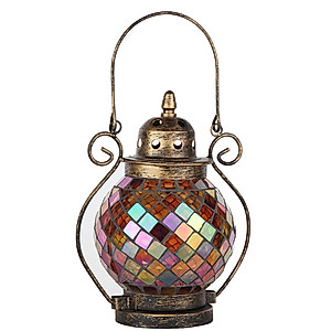 Lily's Home Decorative Candle Lanterns, Mosaic Glass and Wrought Iron Tea Light Candle Holder for Indoor or Outdoor Hanging Lantern. Candle NOT Included. Orange and Gold