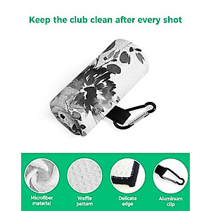 Golf Towel Black Grey Gradient Watercolor Floral White,Waffle Pattern Microfiber Club Cleaner Golf Towels with Carabiner Clip for Women Men Dad,Flower Ink and Wash Golf Towel for Golf Bags,24x16in
