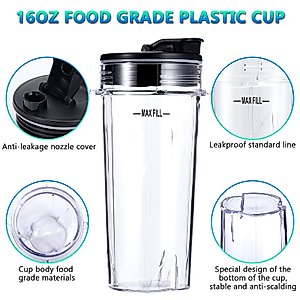 Blender Replacement Parts Compatible with Nutri Ninja, 5 Fins Extractor Blade, 2×16oz Cups with To-Go Lids, 3×Rubber Gasket Accessories for Ninja QB3000/QB3000SSW/QB3004/QB3005/QB3001
