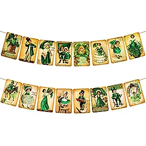 2Pcs Vintage St. Patrick's Day Decorations Banner, Irish Old Style Green Shamrock Clover Traditional St. Patrick 's Day Garland Irish Party Supplies, 16pcs Lucky Garland for Home Fireplace Door Decor