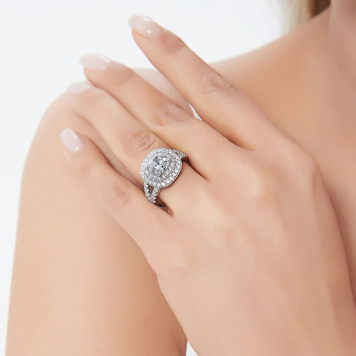 BERRICLE Sterling Silver Halo Wedding Engagement Rings Cushion Cut Cubic Zirconia CZ Statement Cocktail Split Shank Ring for Women, Rhodium Plated Size 6