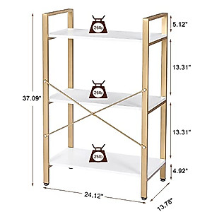 BEWISHOME 3 Tier Bookshelf Open Organizer, White Small Bookshelf for Small Spaces, Modern Wooden Storage Bookcase with Gold Metal Frame for Bedroom Living Room and Home Office JCJ42M