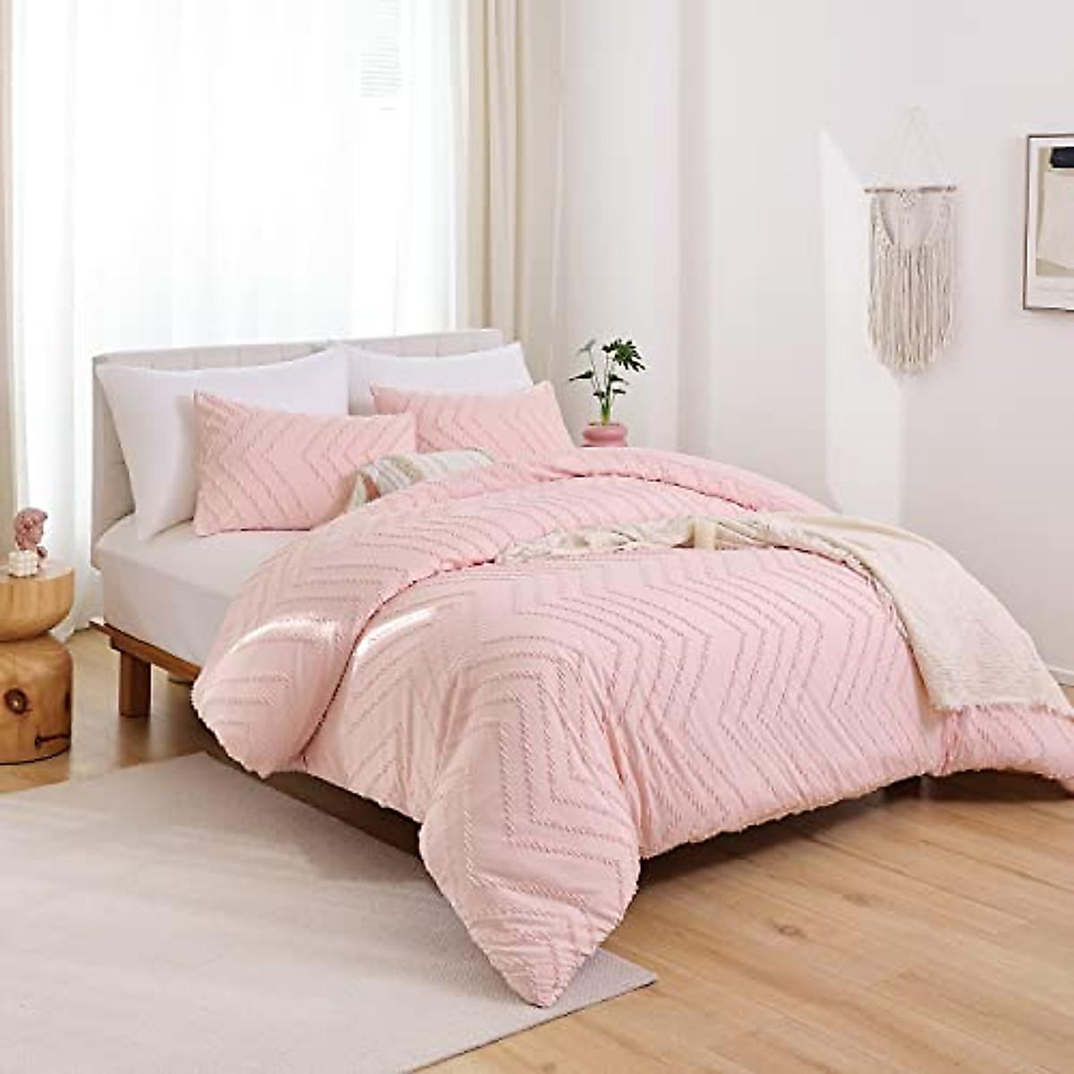 YIRDDEO Pink Comforter Full Size 3Pcs, Boho Comforter Set Full Pink Farmhouse Bedding Sets Queen, Vertical Tufted Comforter, Lightweight Neutral Blush Boho Bed Set (1 Comforter, 2 Pillowcases)