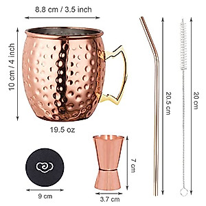 LIVEHITOP Moscow Mule Copper Mugs Set of 2, 19.5 Oz Handcrafted Copper Cups Stainless Steel Lining with Jigger, Straws, Brush, Coasters for Party, Bar, Gift