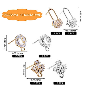 BEEFLYING 12Pcs Gold Plated leaf Cubic Zirconia Earring Studs Platinum U-shape Tassel Rhinestone Brass Earring Posts with Metal Loop for Women DIY Dangle Earrings Making
