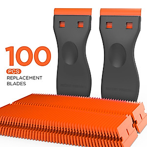 Plastic Razor Blades Scraper Tool - 2 Pack Wall Paint Remover with 100 Pcs Plastic Blades Kit No Scratch Car Window Glass Wood Sticker Removal Floor Stove Kitchen Vinyl Adhesive Decal Tape Cleanings