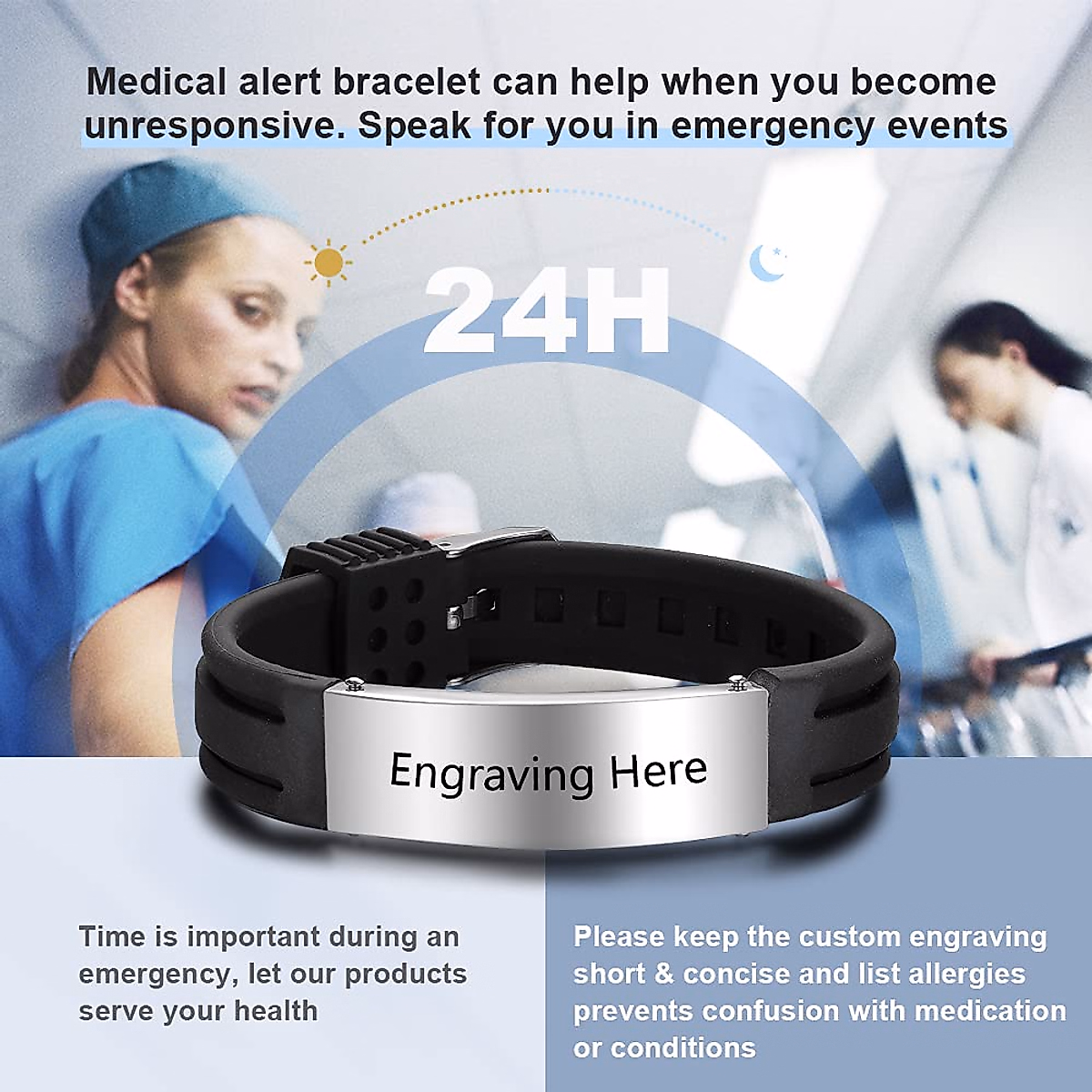 OPALSTOCK Personalized Bracelet Silicone Medical Bracelets Adjustable Sport Emergency ID Bracelets Engraving 9 Inches Waterproof ID Alert Bracelets for Men Women (black3)