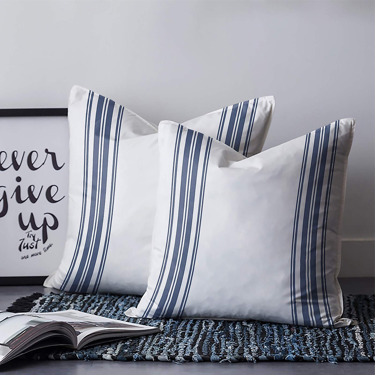 Roses Garden Decorative Throw Pillow Cover Blue and White Stripe Pillow Case Square Cushion Cover Super Soft Brushed Fabric Pillowcase for Home Couch Sofa Bed, 16" x 16"