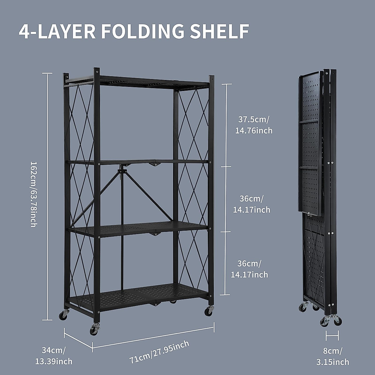JOYBOS 4-Shelf Foldable Storage Shelves with Wheels, Heavy Duty Metal Shelving, No Assembly Organizer Wire Shelf Rack for Garage Kitchen, Basement, Pantry, Holds up to 1000 pounds…