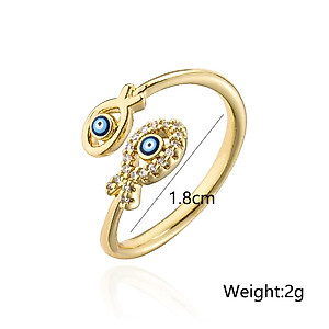 Double Fish Blue Evil Eye Wrap Open Rings 18K Gold Plated Sparkly Cubic Zirconia Good Luck Statement Adjustable Stacking Middle Tail Finger Thin Ring for Women Symbol of Protection Talisman Amulet Lucky Jewelry Fashion CZ Gifts for Mom