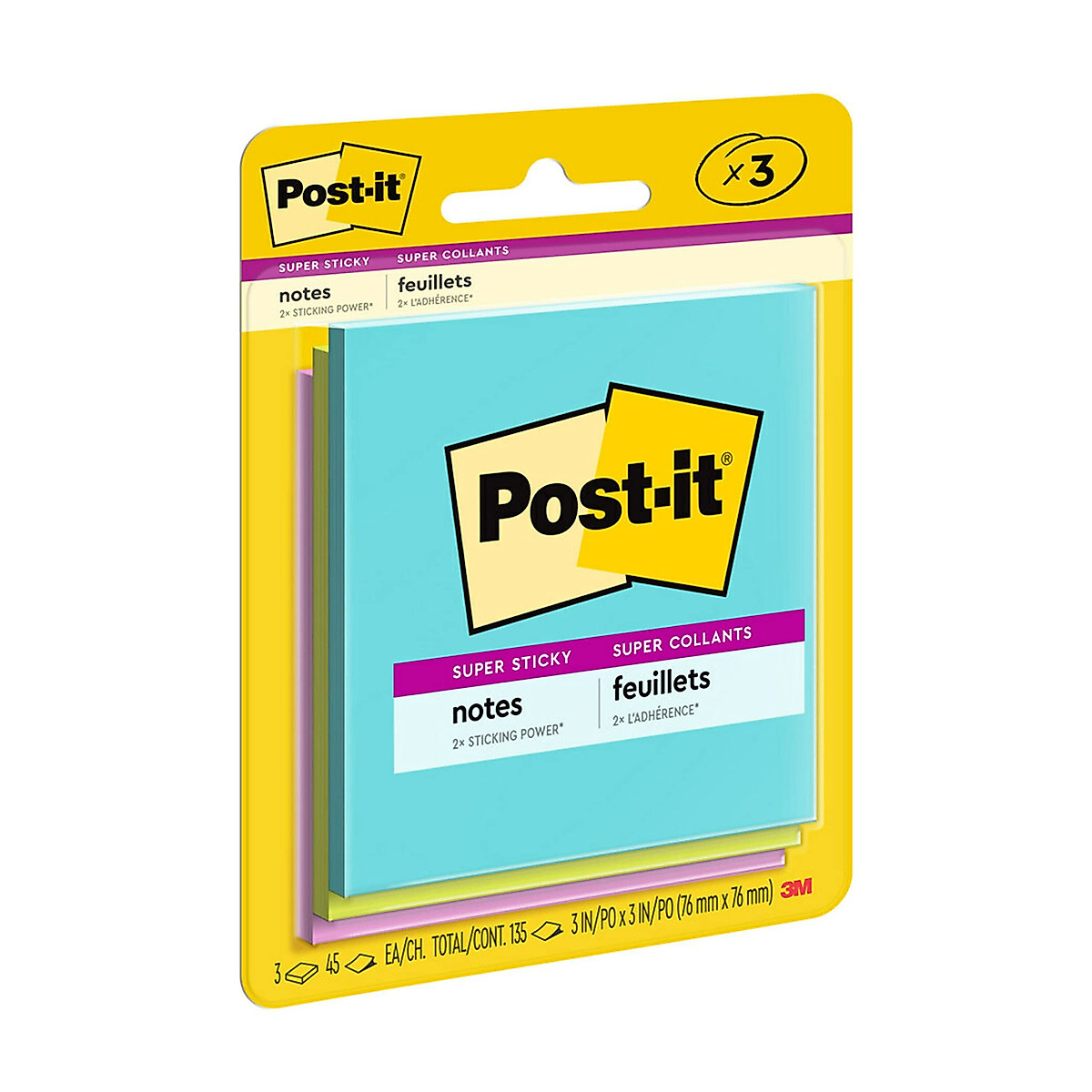 Post-it Super Sticky Notes, 3x3 in, 3 Pads, 2x the Sticking Power, Supernova Neons, Bright Colors, Recyclable (3321-SSMIA)