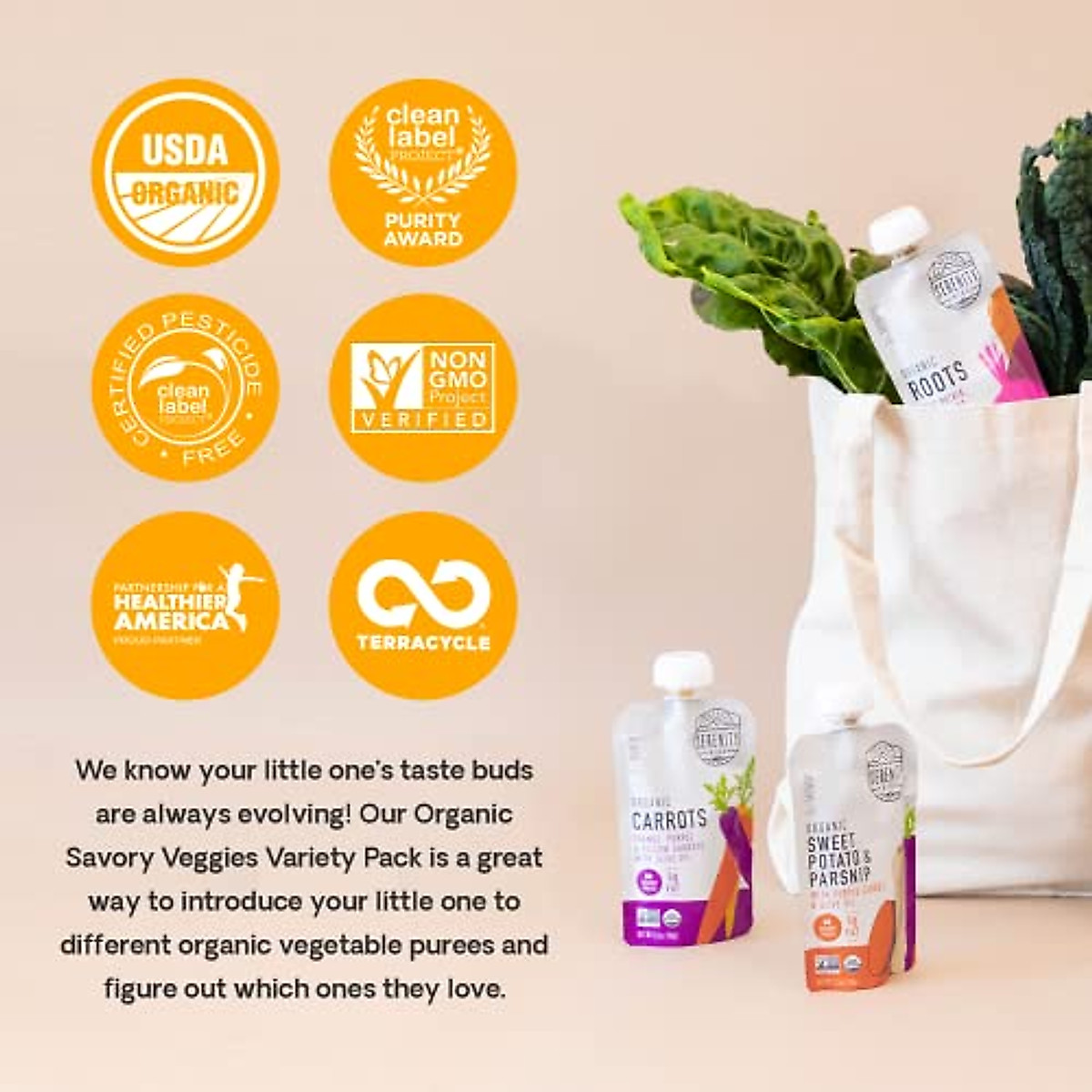 Serenity Kids 6+ Months Certified Organic Baby Food Pouches Veggie Puree | No Sugary Fruits or Added Sugar | Allergen Free | 3.5 Ounce BPA-Free Pouch | Variety Pack | 8 Count