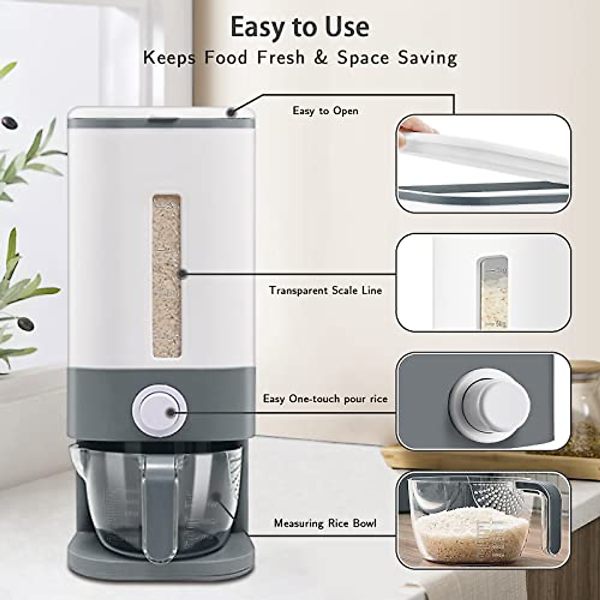 Lenwi 25 Lbs Rice Dispenser, Large Cereal Dry Food Storage Containers with Measuring Cup,BPA-Free Household for Kitchen Pantry Organization-Grey