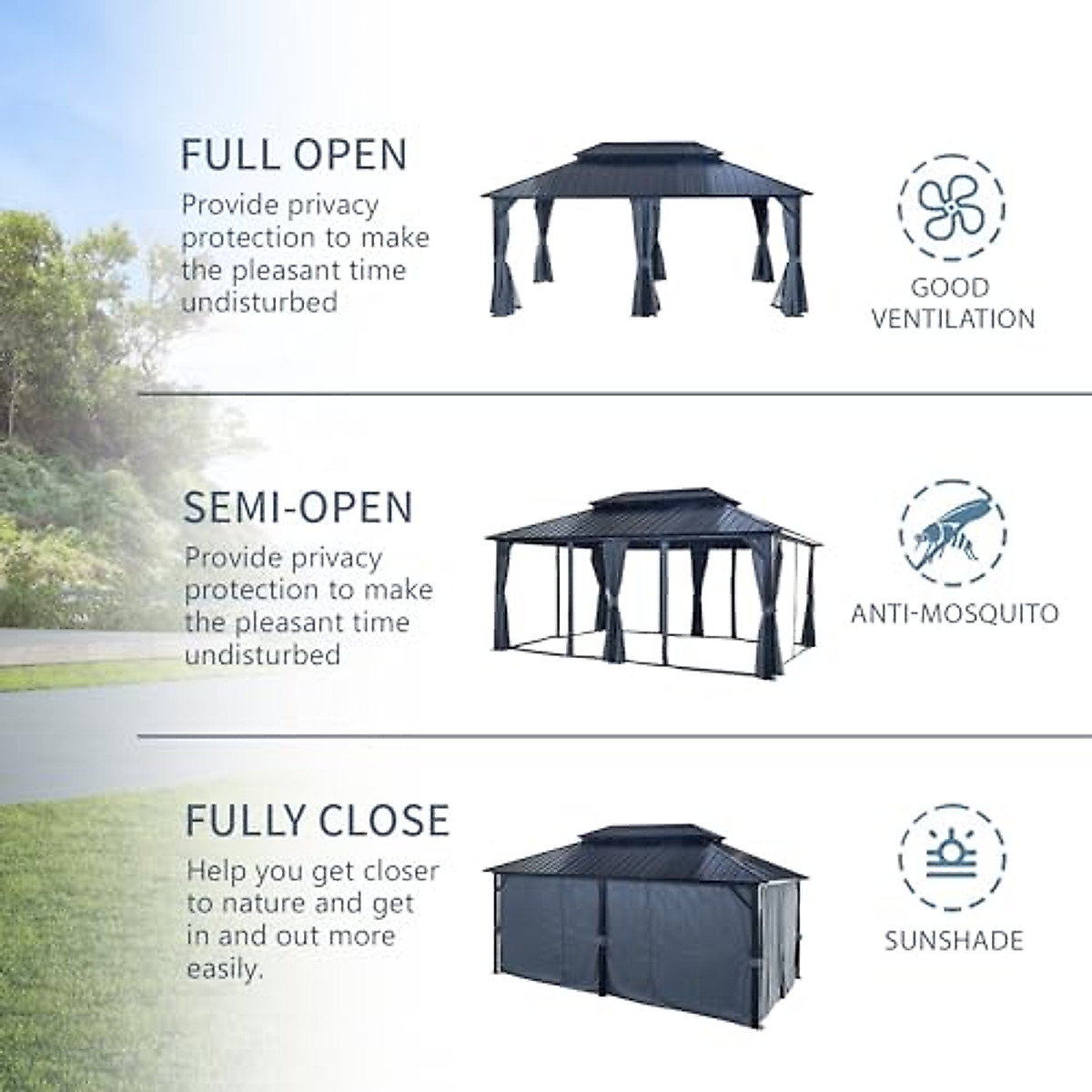 Goohome 12 x 18FT Hardtop Gazebo, Aluminum Frame Double Roof Canopy with Mosquito Net and Curtains, Outdoor Permanent Hard Top Waterproof Pergola for Shade and Rain for Lawn, Backyard, Patio