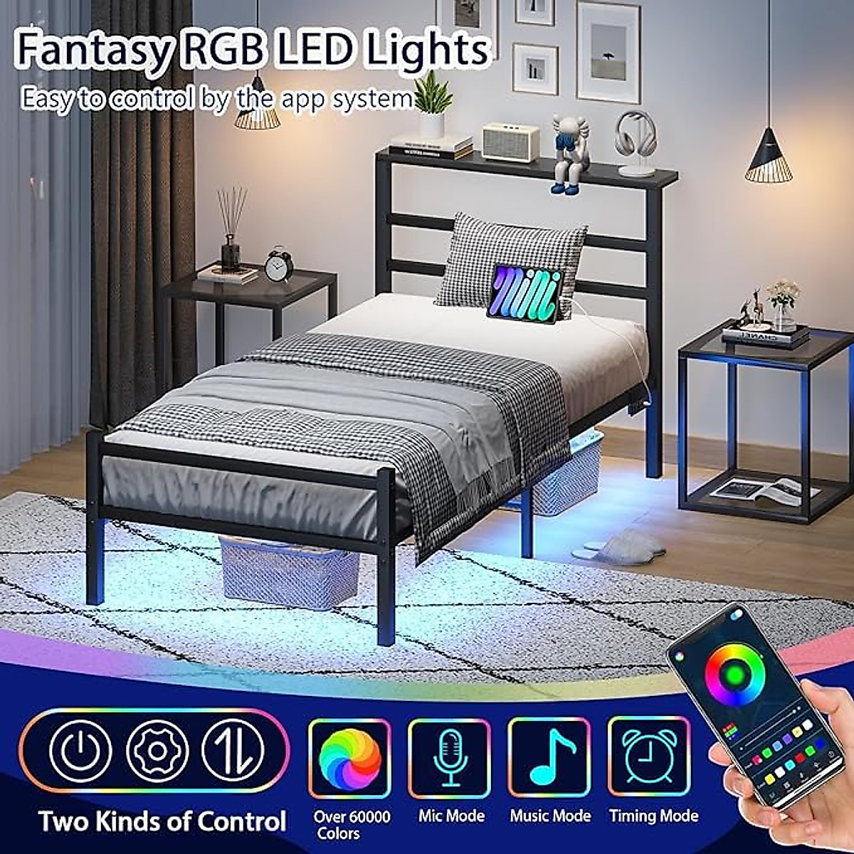 REVOMINCA Twin Bed Frame with Charging Station, Metal Platform Bed Frame with LED Lights, Storage Headboard, Heavy Duty Steel Slats, No Noise, Easy Assembly