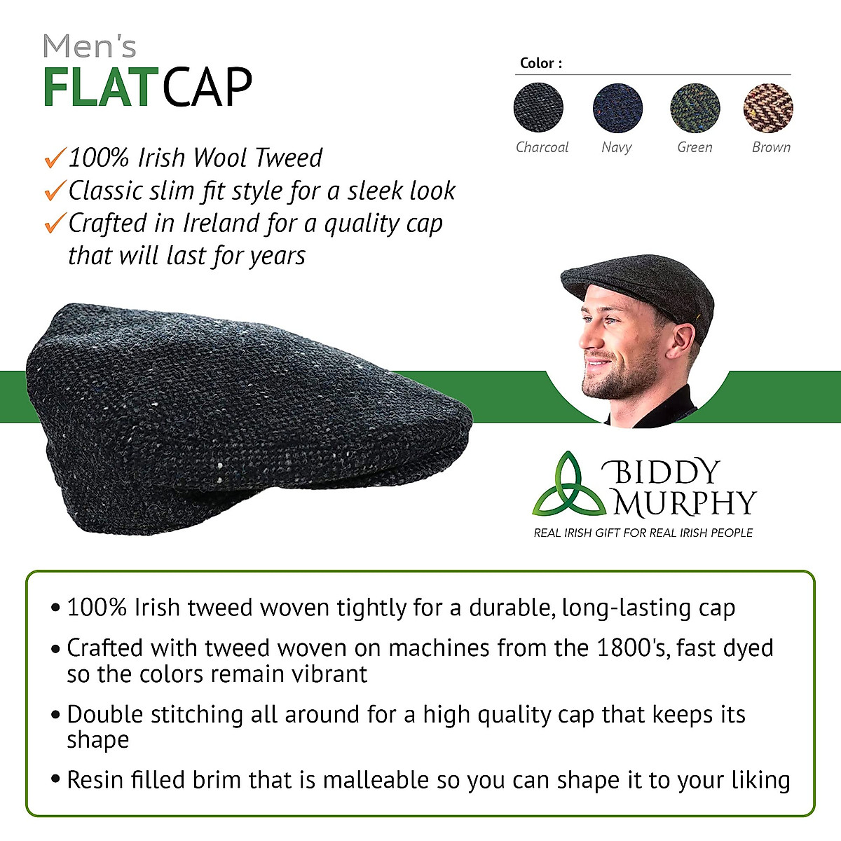 Biddy Murphy Men's Irish Newsboy 100% Wool Flat Cap, Warm Tuck-Away Ear Flaps, Black, Large
