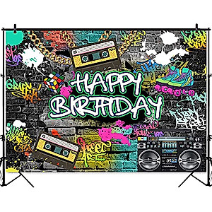 Mocsicka Graffiti 80's 90's Birthday Backdrop Urban Retro Birthday Party Background 80's 90's Hip Hop Rock Birthday Party Cake Table Decoration Banner Photo Booth Props (7x5ft)