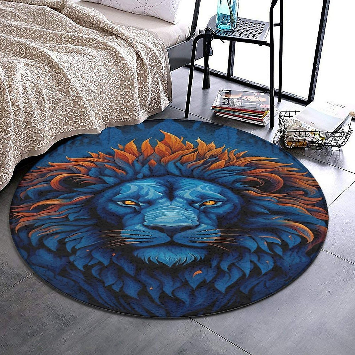 Modern Round Rug African Flaming Lion Blue Art Office Computer Chair Cozy Floor Mat Area Rugs Home Decor Soft Carpets Play Rug, Diameter 24inch 36inch 60inch