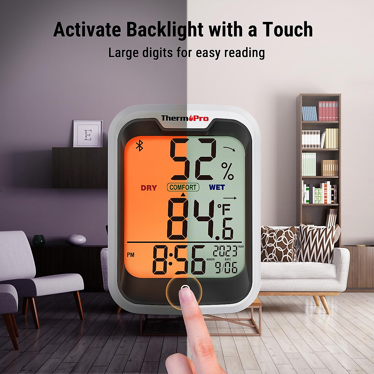 ThermoPro TP358 Bluetooth Thermometer for Room Temperature with Built-in Clock, Smart Temperature Sensor and Humidity Meter with Backlit, 260Ft Hygrometer Indoor Thermometer with Data Storage Export