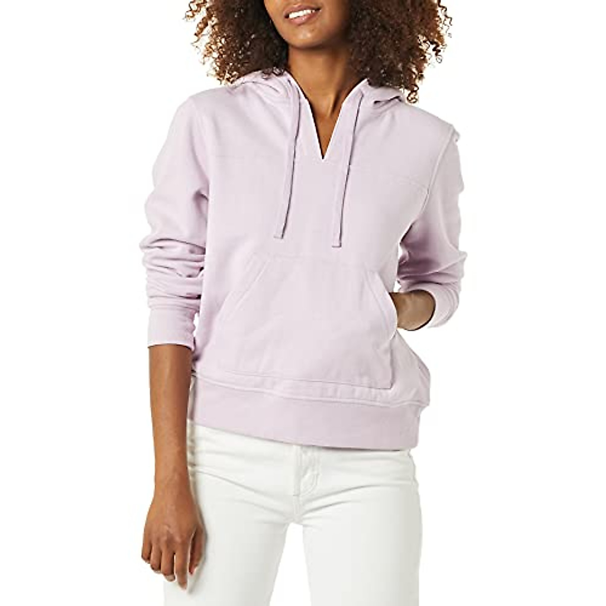 Amazon Essentials Women's Classic-Fit Long-Sleeve Open V-Neck Hooded Sweatshirt, Lilac, X-Large