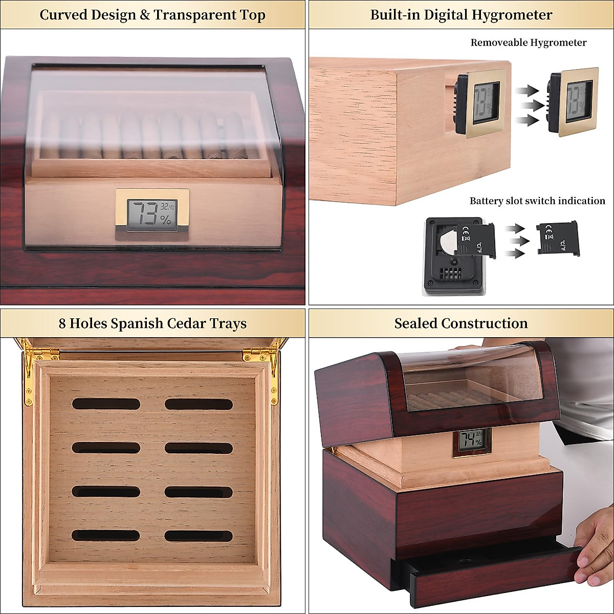 Hecai Wood Box Spanish Cedar Wood Storage Box Transparent Top Wood Case with Digital Hygrometer and Humidifiers-Hold up to 25-60 Counts
