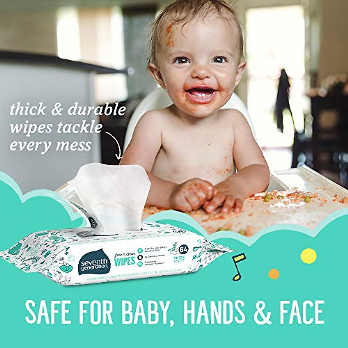 Seventh Generation, Baby Wipes, Unscented and Sensitive, 64 Count (Pack of 2)