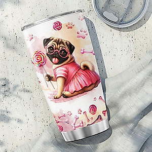 JENOIS Pug Dog Facts, Dog Mom Gifts, Women Mother Mama Handle Tumblers Best Mothers Insulated For Cups Coffee Funny Day, Tumbler 20 Oz With Lid And Straw