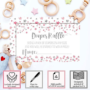 Amanda Creation Pink & Silver Twinkle Little Star Themed Diaper Raffle Tickets for Girl Baby Showers, 20 2" X 3” Double Sided Inserts, Bring a Pack of Diapers to Win Favors & Prizes!
